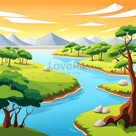 디자인을 위한 만화 스타일 벡터 그림의 아름다운 자연 풍경 사진 무료 다운로드 Lovepik