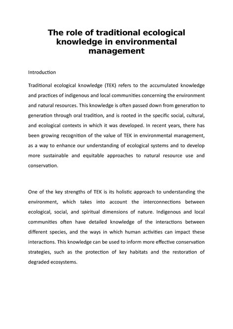 The Role Of Traditional Ecological Knowledge In Environmental