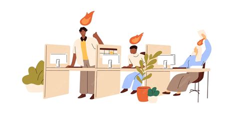 직장인들은 열정적으로 열심히 일합니다 불타는 불을 가지고 일하는 바쁜 활기찬 직원 팀에 동기를 부여했습니다 좋은 효율적인 팀워크 개념 평면 벡터 일러스트 레이 션 흰색