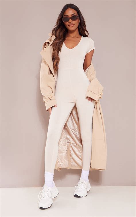 Stone V Neck Short Sleeve Jersey Jumpsuit Prettylittlething