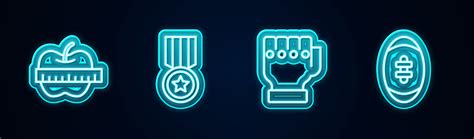 세트 라인 애플과 측정 테이프 메달 Mma 장갑과 미식 축구 공 빛나는 네온 아이콘 벡터 가죽에 대한 스톡 벡터 아트 및 기타 이미지 Istock