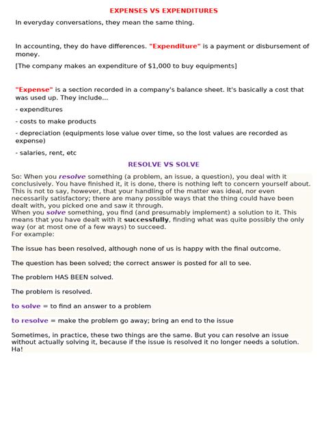 Expenses Vs Expenditure And Resolve Vs Solve Pdf