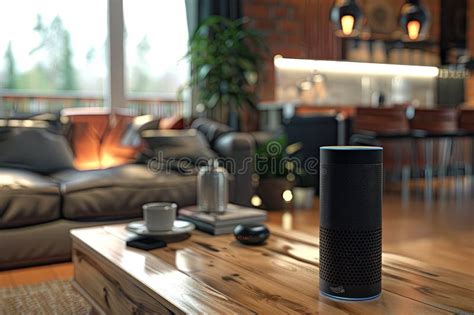 A Sleek Voice Assistant Device Sits On A Wooden Coffee Table In A Stylish Living Room