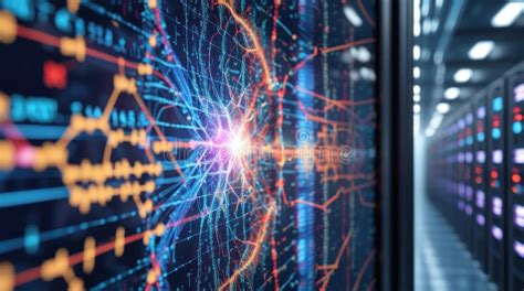 Data Center Visualization With Digital Network Connections And Server Racks Stock Illustration
