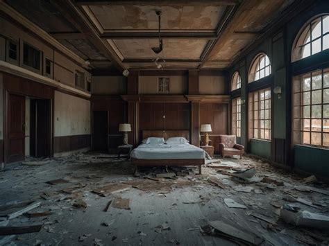 A Room With A Bed And A Lamp On The Ceiling Premium AI Generated Image