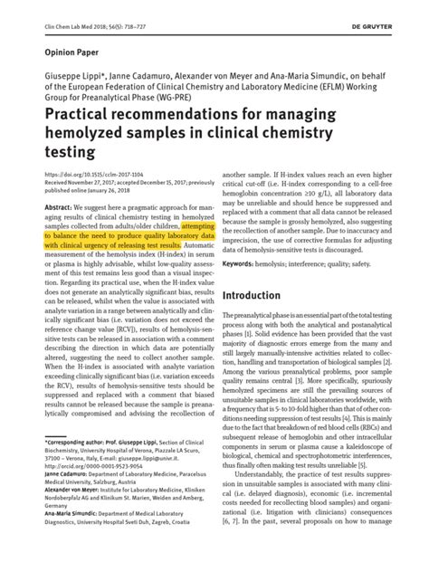 2018 Practical Recommendations For Managing Hemolyzed Samples In