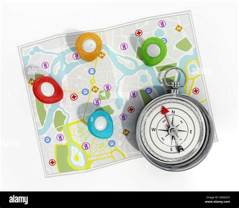 Compass And Gps Markers Standing On Navigation Map 3d Illustration