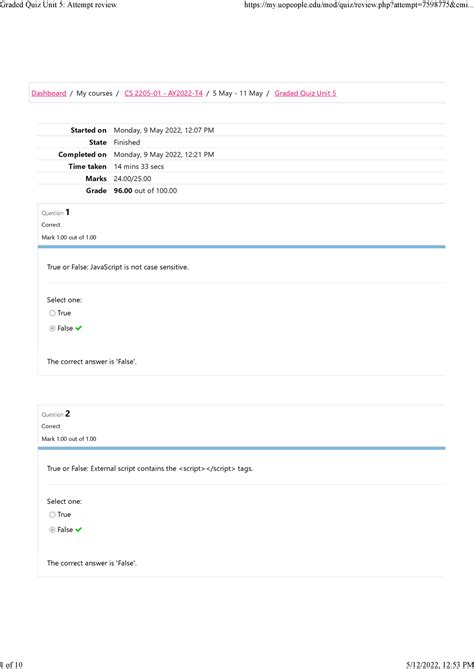 Graded Quiz Unit 5 Attempt Review Started On Monday 9 May 2022 12