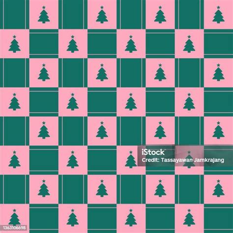 귀여운 크리스마스 트리 요소 녹색 핑크 라인 체크 체크 깅엄 패턴 편집 스트로크 만화 일러스트레이션 매트 직물 직물 스카프 포장지 0명에 대한 스톡 벡터 아트 및 기타