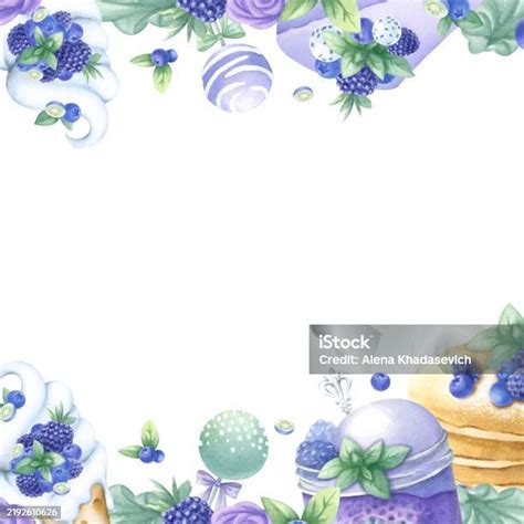 팬케이크 케이크 블루베리 블랙베리 아이스크림 케이크 팝 보라색과 녹색의 마시멜로 손으로 그리기 수채화 고립 된 그림 제과를 위한