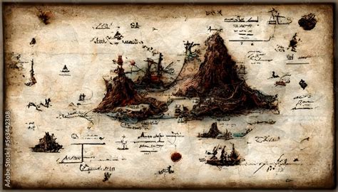 Old Treasure Map Texture Map Of An Island With A Volcano Fading Writing