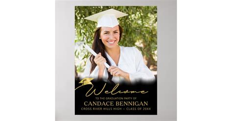 Graduation Party Welcome Black Gold Script Photo Poster Zazzle