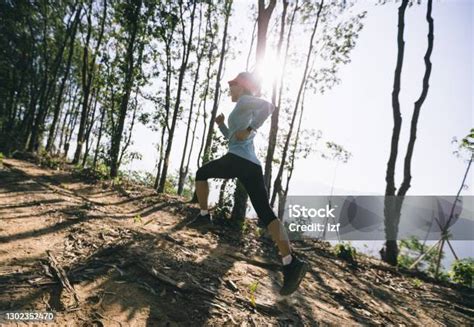 일출 열대 숲 산 봉우리에서 실행 젊은 여자 트레일 러너 Track And Field Event에 대한 스톡 사진 및 기타 이미지 Track And Field Event