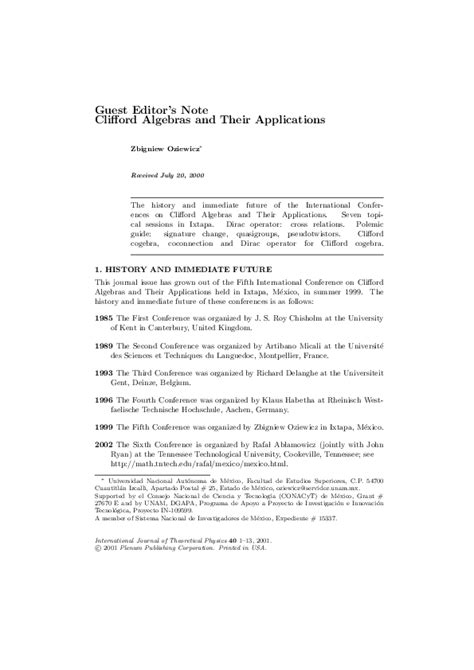 Pdf Guest Editors Note Clifford Algebras And Their Applications
