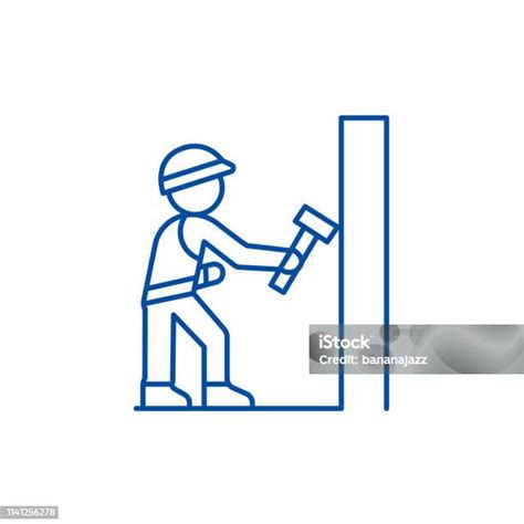 工人建設者與錘子線圖示的概念工人建設者與錘子平向量標誌 標誌 概述例證向量圖形及更多crash Site圖片 Crash Site 一組