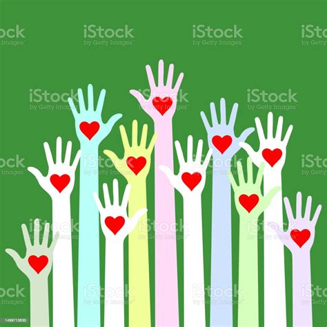 녹색 배경에 빨간 하트 그림이 있는 다채로운 보살핌 자원 봉사자들이 로고 엠블럼을 건네줍니다 벡터는 아이콘을 위로 움직입니다 교육 의료 의료 자원 봉사자를 위한 디자인 요소