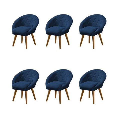 Kit 6 Poltronas Decorativa Canastra Estofada Veludo Azul Marinho Pés