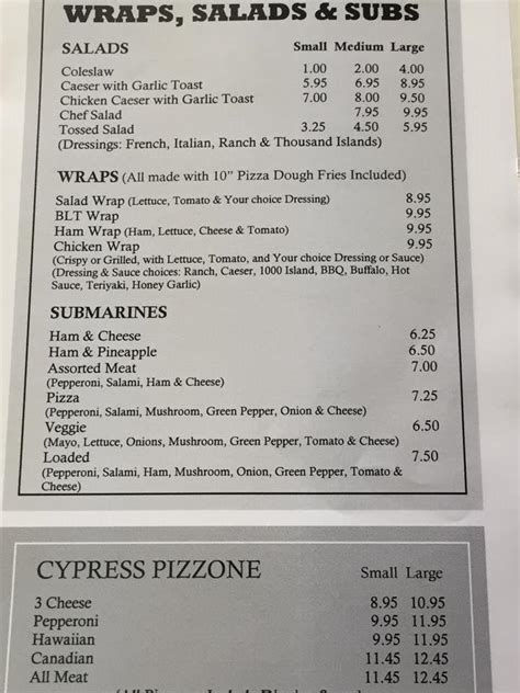 Menu At Cypress Pizza And Chicken Restaurant Maple Creek