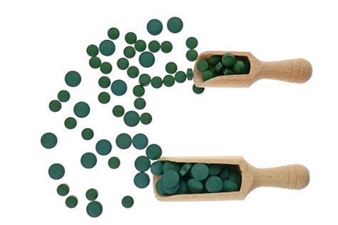 Spirulina입니다 흰색 배경에 고립 된 나무 국자에 조류 Spirulina 정제 녹색 조류 Spirulina입니다 슈퍼