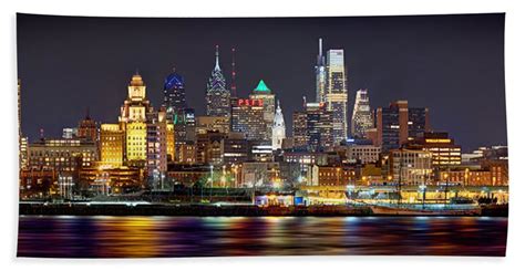 Philadelphia Philly Skyline At Night From East Color Hand Towel For