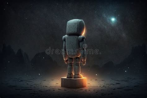 Lonely Sad Robot Standing On Pedestal Against Backdrop Of Dark Stars