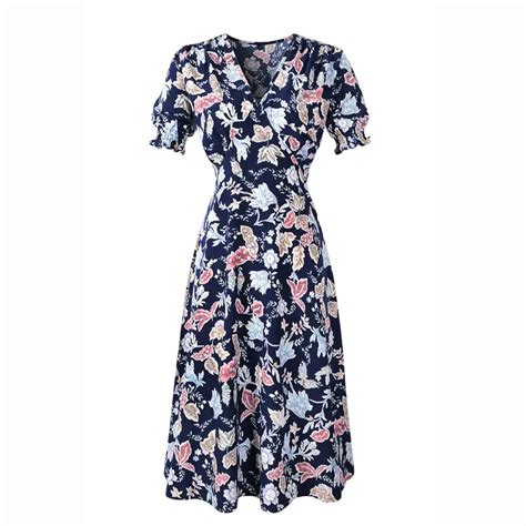 Floral Print Ruffle Hem Dress Boho Casual V Neck Short Sleeve Dress