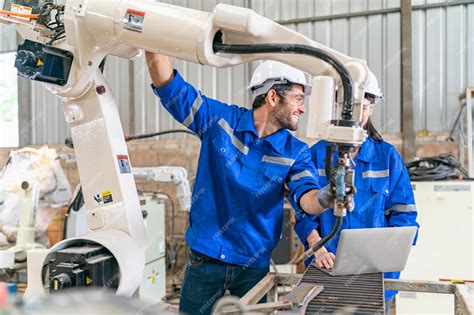 공장 창고에서 현대 로봇 팔의 유지 보수 작업을 하는 로봇 공학자 프리미엄 사진