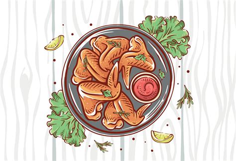Chicken Wing Dish Illustration Top Views Isolated In Wood Pattern
