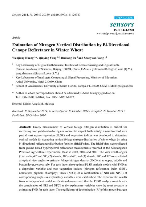 Pdf Estimation Of Nitrogen Vertical Distribution By Bi Directional Canopy Reflectance In