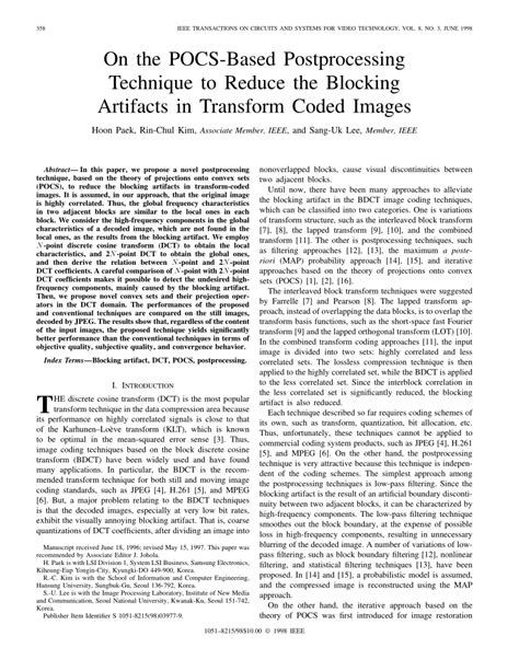 Pdf On The Pocs Based Postprocessing Technique To Reduce The Blocking Artifacts In Transform