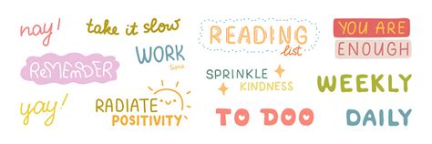 동기 부여와 칭찬을 위한 오거나이저 또는 노트북 저널 또는 플래너 스티커 플랫 스타일의 벡터 매일 알림 또는 격려의 고립 된 세트 긍정적 인 문구가있는 종이 줄무늬 개체