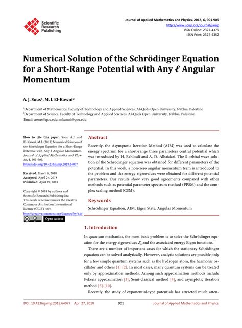 Pdf Numerical Solution Of The Schrödinger Equation For A Short Range Potential With Any L