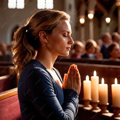 Christian Woman Is Praying With Hands Crossed In Church Christianity