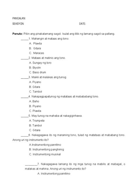 Learning Activity Sheet Music 3 PANGALAN SEKSYON DATE Panuto Piliin Ang Pinakatamang Sagot