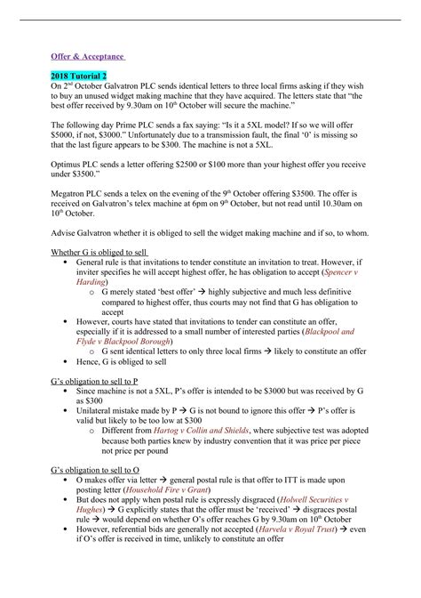 Summary Contract Law Problem Question Notes Worked Pq Answers First Class Contract Law