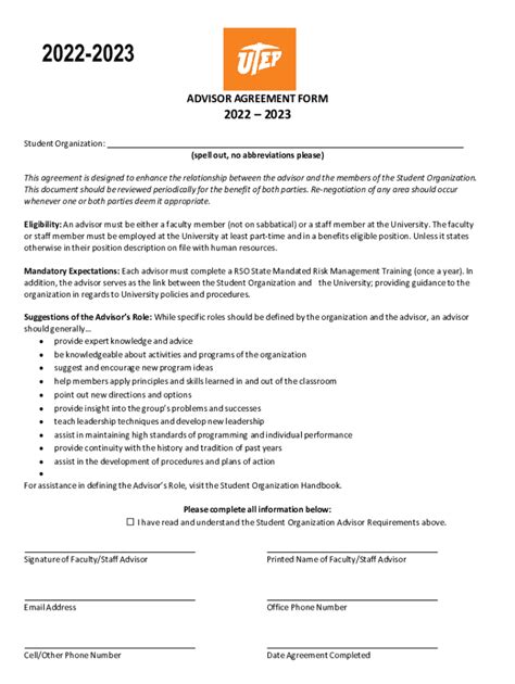 Fillable Online Minetracker Utep Advisor Agreement Form Fax Email Print