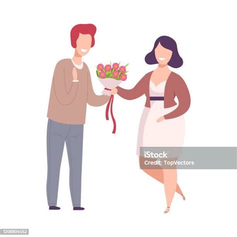남자 주는 꽃다발 로맨틱 한 커플 에 사랑 에 사랑 휴일 축 하 플랫 벡터 일러스트 꽃 식물에 대한 스톡 벡터 아트 및 기타
