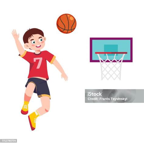 잘 생긴 농구 선수 소년의 벡터 그림입니다 웃고 있는 스포츠 농구 선수가 흰색 배경에 고립된 상대의 골대에 공을 던지는 만화 장면 건강한 생활방식에 대한 스톡 벡터 아트 및
