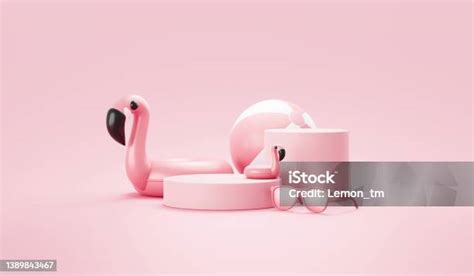 핑크 플라밍고 3d 포디움 제품 여름 배경 디스플레이 파스텔 화장품 플랫폼 무대 또는 빈 열대 프리젠 테이션 아트 템플릿 모형과