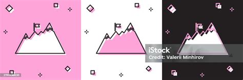 분홍색과 흰색 검은 색 배경에 고립 된 상단 아이콘에 깃발이 있는 산을 설정합니다 승리 또는 성공 개념의 상징 목표 달성 벡터 Rise Conference에 대한 스톡 벡터