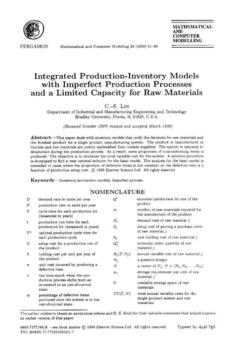 Pdf Integrated Production Inventory Models With Imperfect Production Processes And A Limited