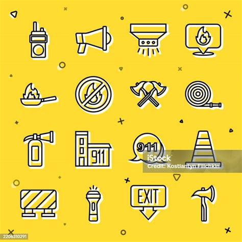 세트 라인 소방관 도끼 교통 콘 호스 릴 스프링클러 시스템 불 팬 워키 토키 및 아이콘 벡터 건설 산업에 대한 스톡 벡터 아트 및 기타 이미지 Istock