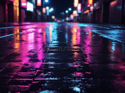 Wet Asphalt Night View Neon Reflections On Empty Concrete Night