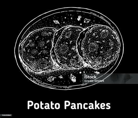 독일 감자 팬케이크 손으로 그린 벡터 일러스트레이션 독일 음식 최고 보기 빈티지 디자인 요소 스케치 일러스트레이션 검은색에 대한 스톡 벡터 아트 및 기타 이미지 Istock