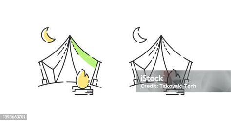텐트 아이콘 선형 벡터입니다 캠프 파이어 로고 기호가 색상과 검은 색으로 설정된 캠프 0명에 대한 스톡 벡터 아트 및 기타