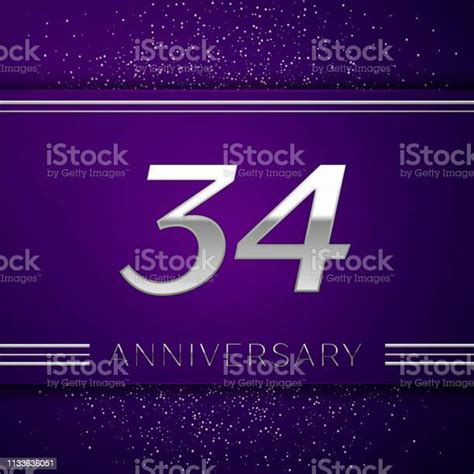 現實的34年慶典設計橫幅銀色數位和五彩紙屑在紫色背景您的生日派對的五顏六色的向量範本元素向量圖形及更多30th Birthday圖片
