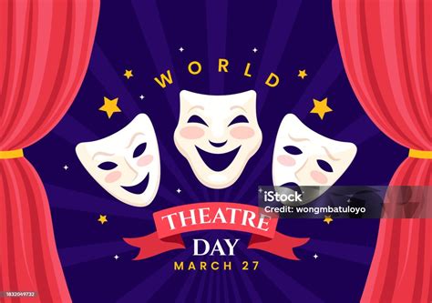 세계 연극의 날 벡터 일러스트 레이 션 3 월 27 일 마스크와 빨간 커튼 평면 만화 배경에서 공연 예술과 엔터테인먼트를 보존하기 위해 British Pantomime