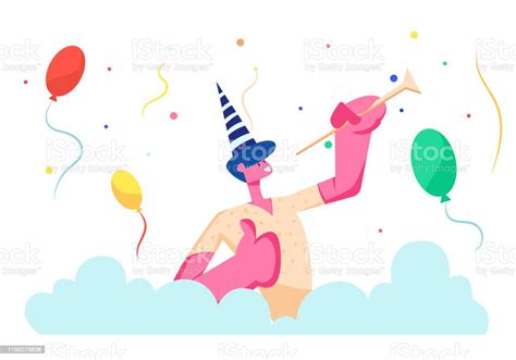 생일 파티 풍선 및 색종이와 화려한 배경에 생일 휴가 이벤트를 축 하 하는 축제 모자를 재생 파이프에 쾌활 한 남자 기 뻐 남성