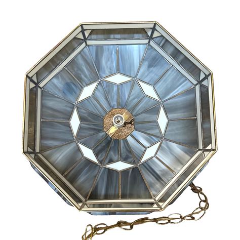 Vintage Blue And White Slag Stained Glass Hanging Light Shade Tiffany