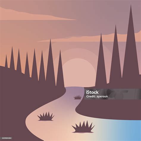 자연에서 강 풍경 벡터 일러스트 레이 션 템플릿 그래픽 디자인 벽지 호수와 자연 일몰 전망 모험과 방랑벽 여행 사업에 대한 표지판 또는 상징 강에 대한 스톡 벡터 아트 및